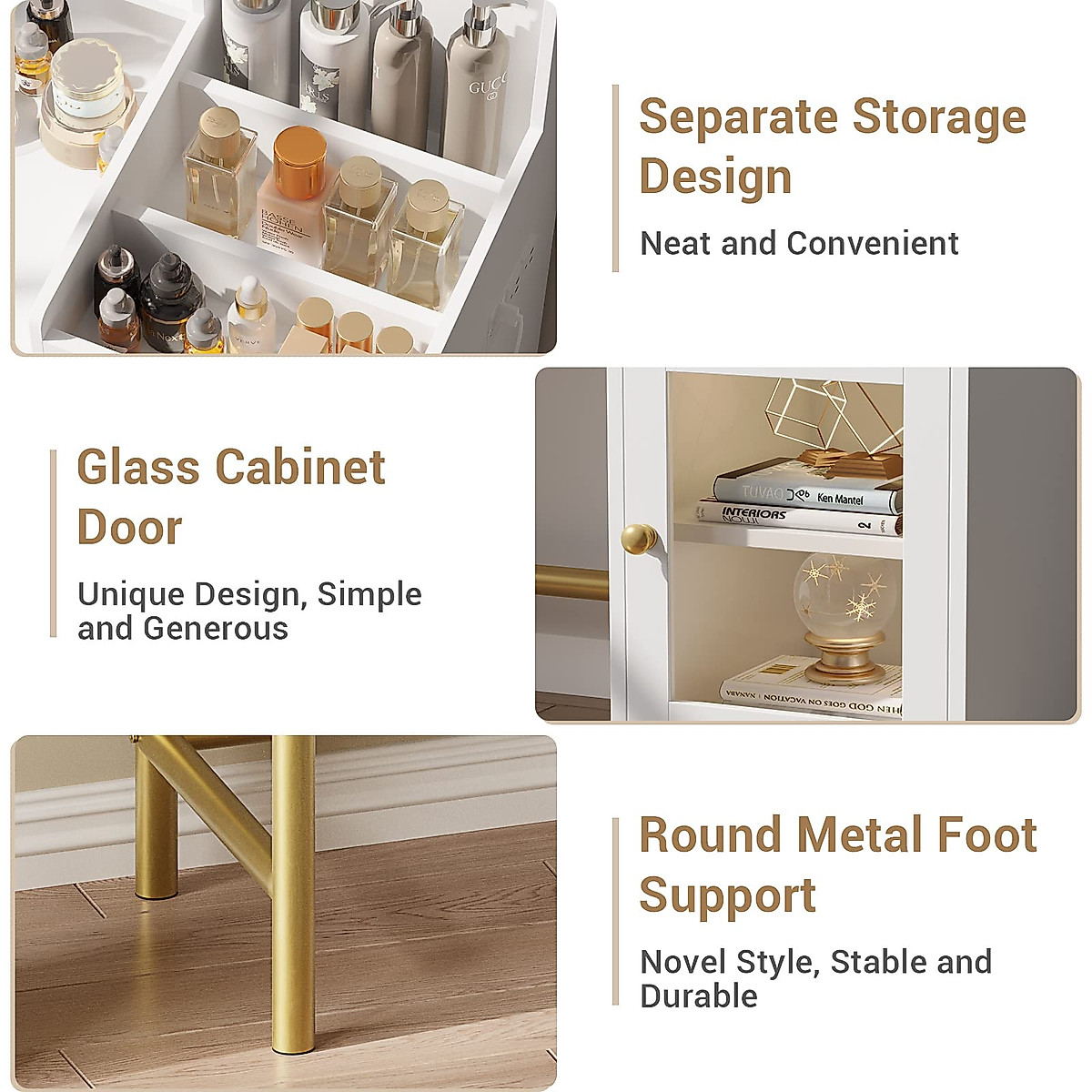 AOGLLATI Makeup Vanity with Lights in 3 Colors, Vanity Desk with Mirror and Lights, White Vanity Table with Charging Station, Makeup Desk with Unique Separation Design