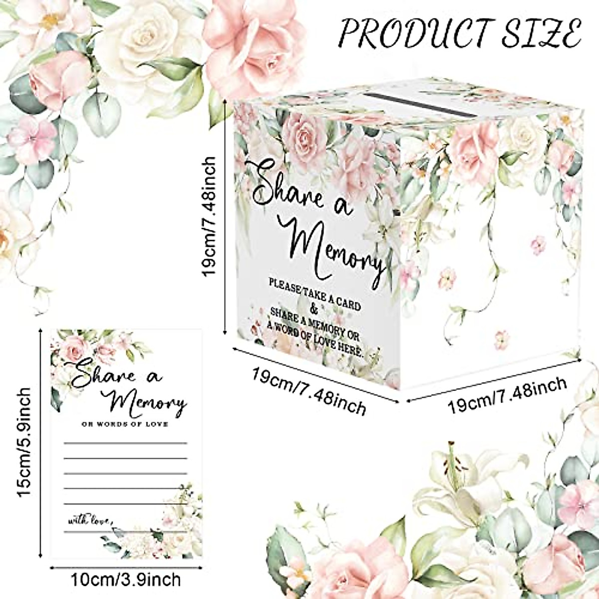 Tatuo 50 Pcs Greenery Share a Memory Cards for Collections of Life, Memory Cards Box Guest Card Ideas Pink Flower Box for Funeral Graduation Wedding Bridal Shower Birthday Anniversary Retirement