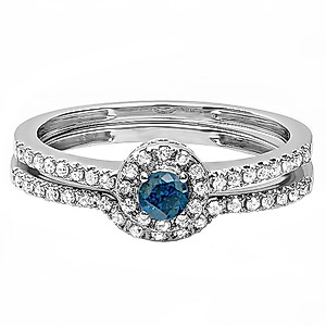Dazzlingrock Collection 0.45 Carat (Ctw) 14k Round Blue And White Diamond Women Halo Style Bridal Engagement Ring Matching Band Set 1/2 CT, White Gold, Size 7