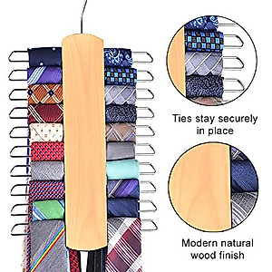 Umo Lorenzo Premium Wooden Necktie and Belt Hanger, Walnut Wood Center Organizer and Storage Rack with a Non-Slip Finish - 20 Hooks