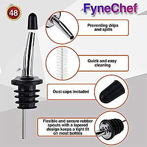 XMSound 48 Pack Stainless Steel Classic Bottle Pourers with Rubber Dust Caps，For Alcohol Spouts Bottle Spout Liquor Bottle Pourers Pour Spouts，For Liquor Bottles Liquor Pourers liquor dispenser bar