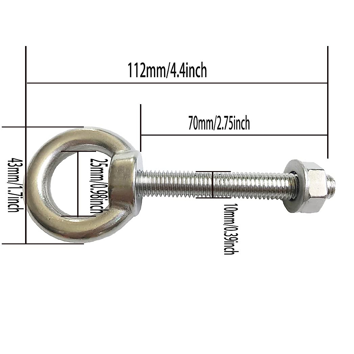 HYXXYY Stainless Steel Eye Bolt, 2pack M10 Shoulder Eye Bolts 3/8" X 2.75"with Nuts and Washer Thread Lifting Ring Eyebolt