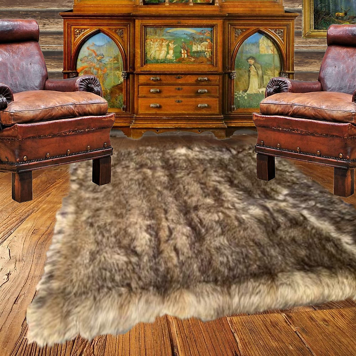 Fur Accents Shag Area Rug - Golden Brown Wolf Luxury Fur Carpet - Soft Faux Fur Sheepskin - Rectangle Accent Rug (5'x6')