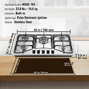 VEVOR 30-inch Gas Cooktop, 5 Burners Built-in Gas Stove Top, Max 12250BTU NG/LPG Convertible Stainless Steel Natural Gas Hob, with Thermocouple Protection for Camping, RV, Apartment