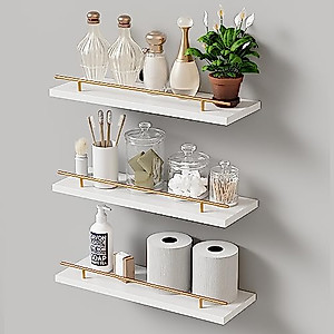 Senjie Floating Shelves for Wall,Bathroom Shelf Set of 3,Wall Shelves for Bedroom,Kitchen,Living Room,Invisible Brackets,White and Gold