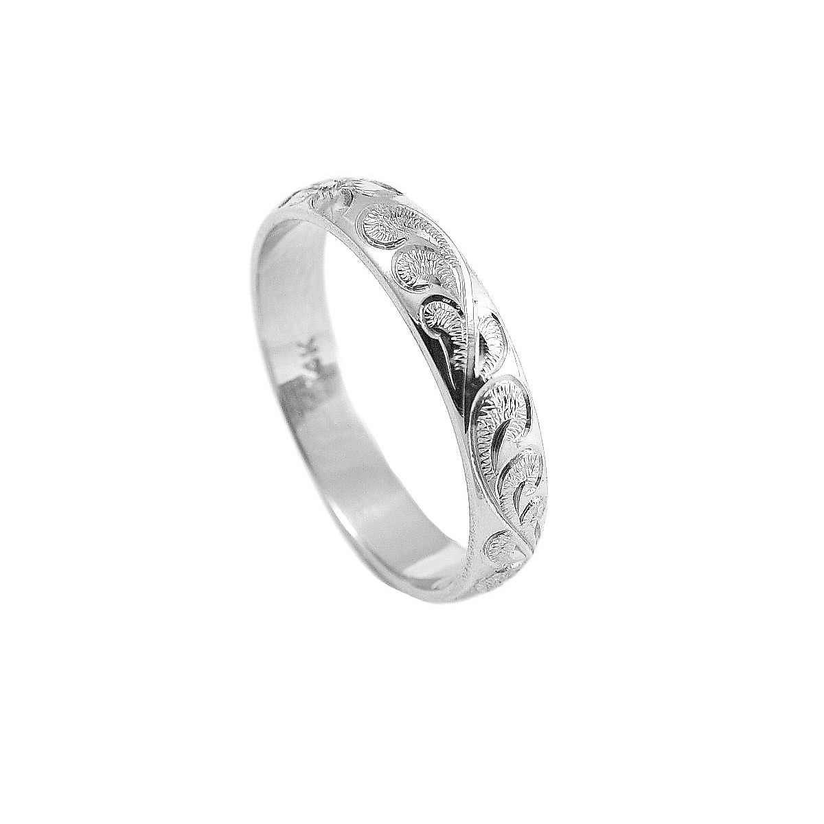 Arthur's Jewelry 14K white gold custom hand engraved Hawaiian queen plumeria scroll band ring 4mm size 9.5