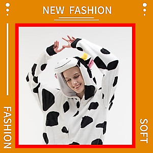 COSUSKET Fit Unisex Adult Cow Onesie Pajamas, Halloween Womens Cosplay Animal One Piece Costume (White/Black, Medium)