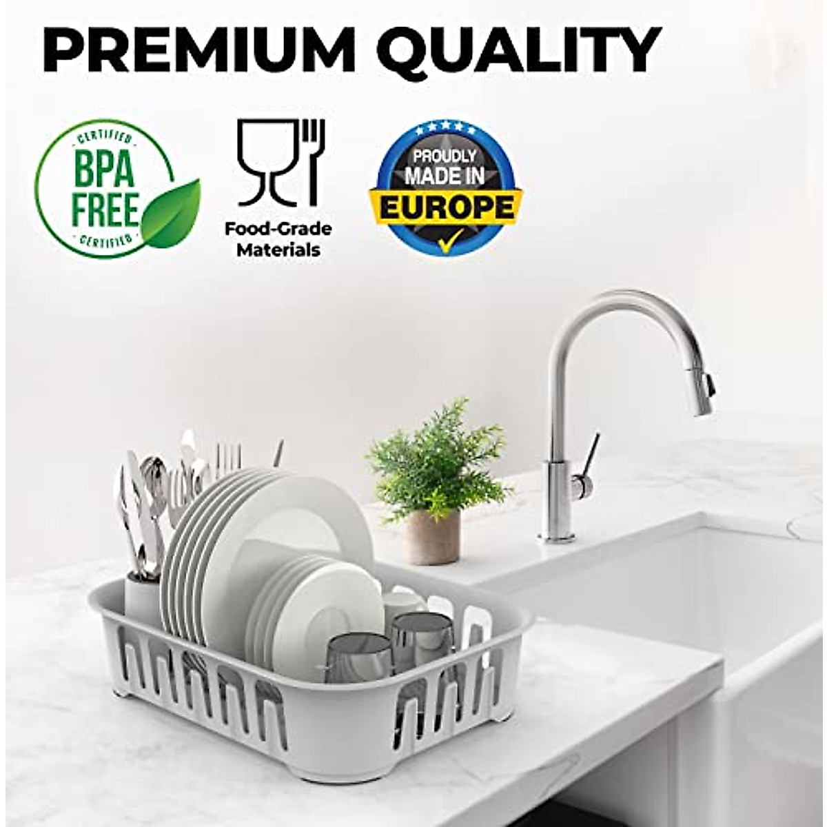 Mueller Dish Rack For Kitchen Counter, European Made Dish Drying Rack with Utensil Holder, 15" x 11" x 4" Utensil Rack, Dish Racks for Kitchen Countertop, Sink, Gray