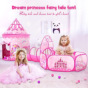 GeerWest 3PC Princess Tent for Girls with Kids Ball Pit and Crawl Tunnel for Toddlers, Pink Pop Up Playhouse Toys Indoor& Outdoor for Birthday Gifts