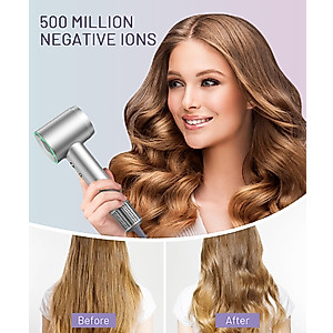 Hair Dryer - 150000 RPM High-Speed Brushless Motor Negative Ionic Blow Dryer for Fast Drying, Low Noise Thermo-Control Hair Dryer with Diffuser and Nozzle, Silvery