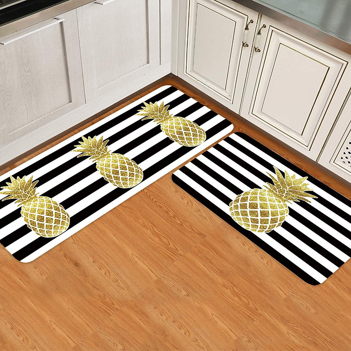 LooPoP Gold Pineapple Kitchen Mats for Floor Cushioned Anti Fatigue 2 Piece Set Kitchen Runner Rugs Non Skid Washable Black Striped 15.7x23.6+15.7x47.2