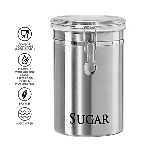 Oggi Stainless Steel Sugar Canister 62 fl oz - Airtight Clamp Lid, Clear See-Thru Top - Ideal Sugar Container for Countertop, Sugar Jar, Bulk Sugar Storage. Large Size 5" x 7.5".