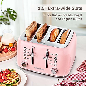 Toaster 4 Slice, Roter Mond Retro Stainless Steel Toaster with Extra Wide Slots Bagel, Defrost, Reheat Function, Dual Independent Control Panel, Removable Crumb Tray, 6 Browning Levels, Pink