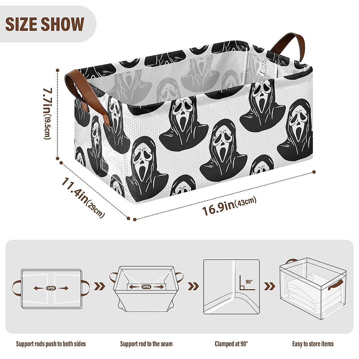 Exnundod Halloween Ghost Devil Storage Bins Black Mask Scream Stroage Basket Collapsible Storage Bin with Handles Organizing Closet Blanket Toys