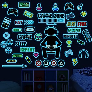 Gamer Wall Decals Stickers Glow in The Dark Wall Decals Game Wall Stickers Gaming Controller Wall Decals Game Room Decor Video Game Decal for Boys Kids Girls Bedoom Playroom Wall Decor… (Sky Blue)
