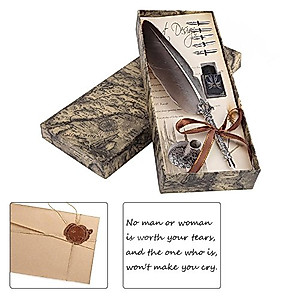 FTVOGUE English Calligraphy Retro Carved Feather Dip Quill Pen Writing Set Stationery Gift Box with 5 Nibs and 1 Ink Bottle(Black)