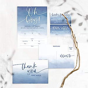 Baby Shower Invitations Set for Boys - 25 Blank Fill-in Invites with Envelopes, Books for Baby, Diaper Raffle, and Thank You Cards - Blue Watercolor