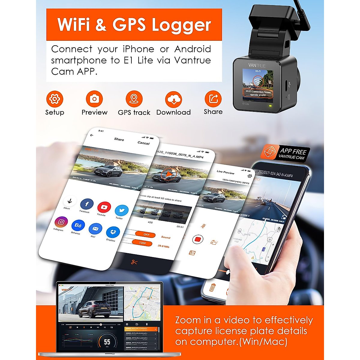 【Bundle: Vantrue E1 Lite 1080P WiFi Mini Dash Cam + Type C USB Hardwire Kit】Vantrue E1 Lite 1080P WiFi Mini Dash Cam with GPS and Speed, Free App, Voice Control Detachable Dash Camera,24H Parking Mode