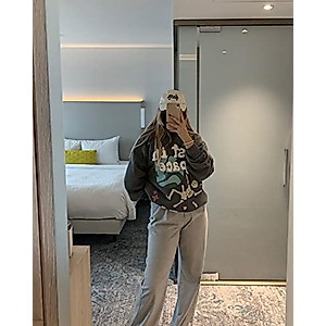 Y2K Skeleton Hoodie Women Pullover Letter Print Graphic Oversized Jacket Men Vintage Fashion Sweater Street Sweatshirt(M, Grey,Thick Clothing)