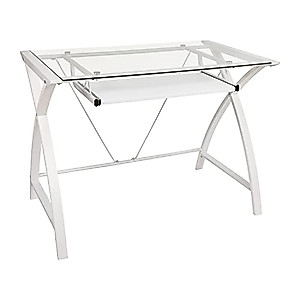 Flash Furniture Clear Tempered Glass Computer Desk with White Pull-Out Keyboard Tray and White Crisscross Frame