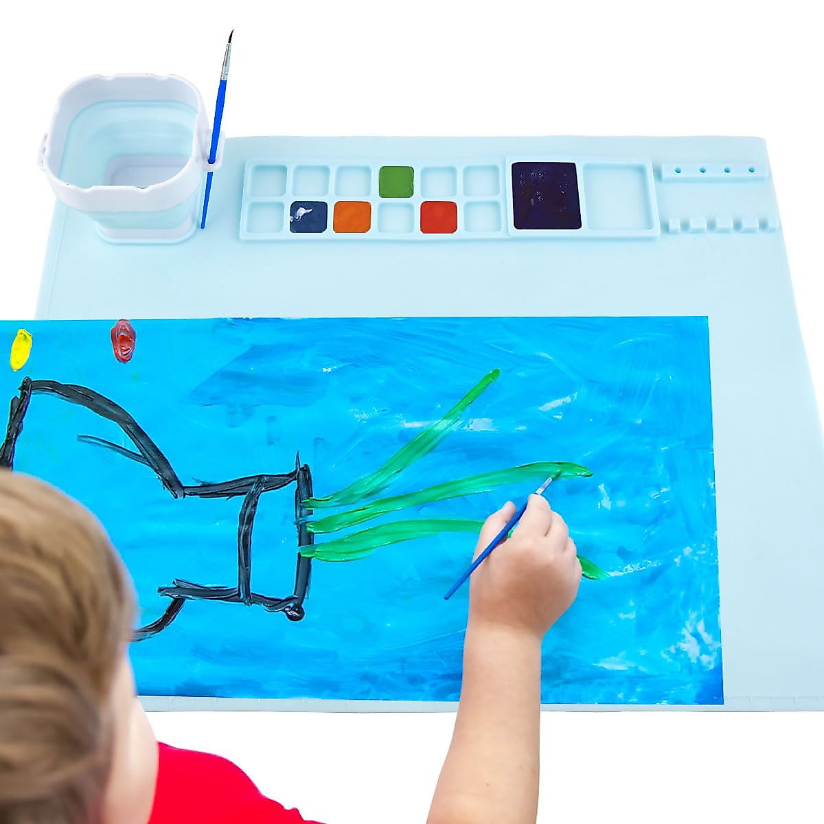 OTYMIOW Silicone Painting Mat with Cup, 20"X16" Silicone Art Mat, Silicone Craft Mat with Cup and Palette, Silicone Paint Tray for Painting, Art, Handmade, Make Mold, and DIY Creations Blue