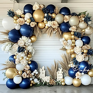 Navy Blue White Balloons Double Stuffed Balloons 18/12/10/5 inch Royal Blue Gold Pearl White Sand Dark Blue Cream Balloon Arch Garland Kit for Anniversary Wedding Graduation Birthday Party Decorations