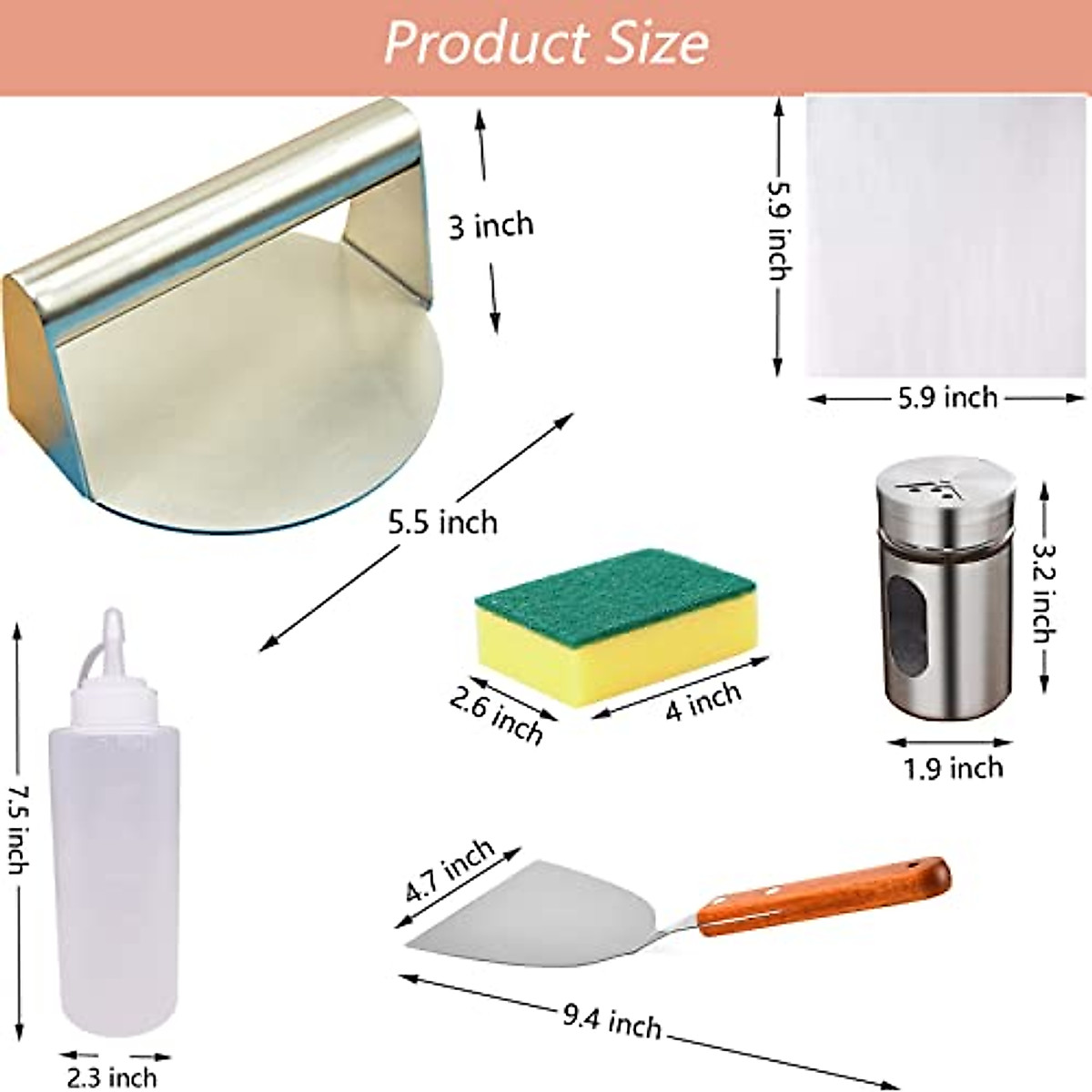 NA Burger Press, Stainless Steel Hamburger Press 5.5 inch Round Burger Smasher Grill Press, Professional Griddle Accessories Kit for Flat Top Grill, Hamburger Patty Maker and Squeeze Grease