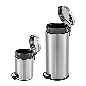 QUALIAZERO Set Heavy Duty Hands-Free Stainless Steel Kitchen/Bath Step Trash Can, Fingerprint-Resistant Soft Close Lid Trashcan, 8Gal & 1.3Gal, Round, Combo