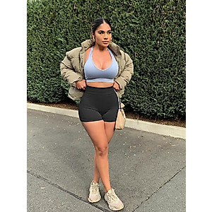 OQQ Women's 3 Piece Workout Seamless High Waist Butt Liftings Exercise Athletic Shorts, Black Grey Blue, Medium