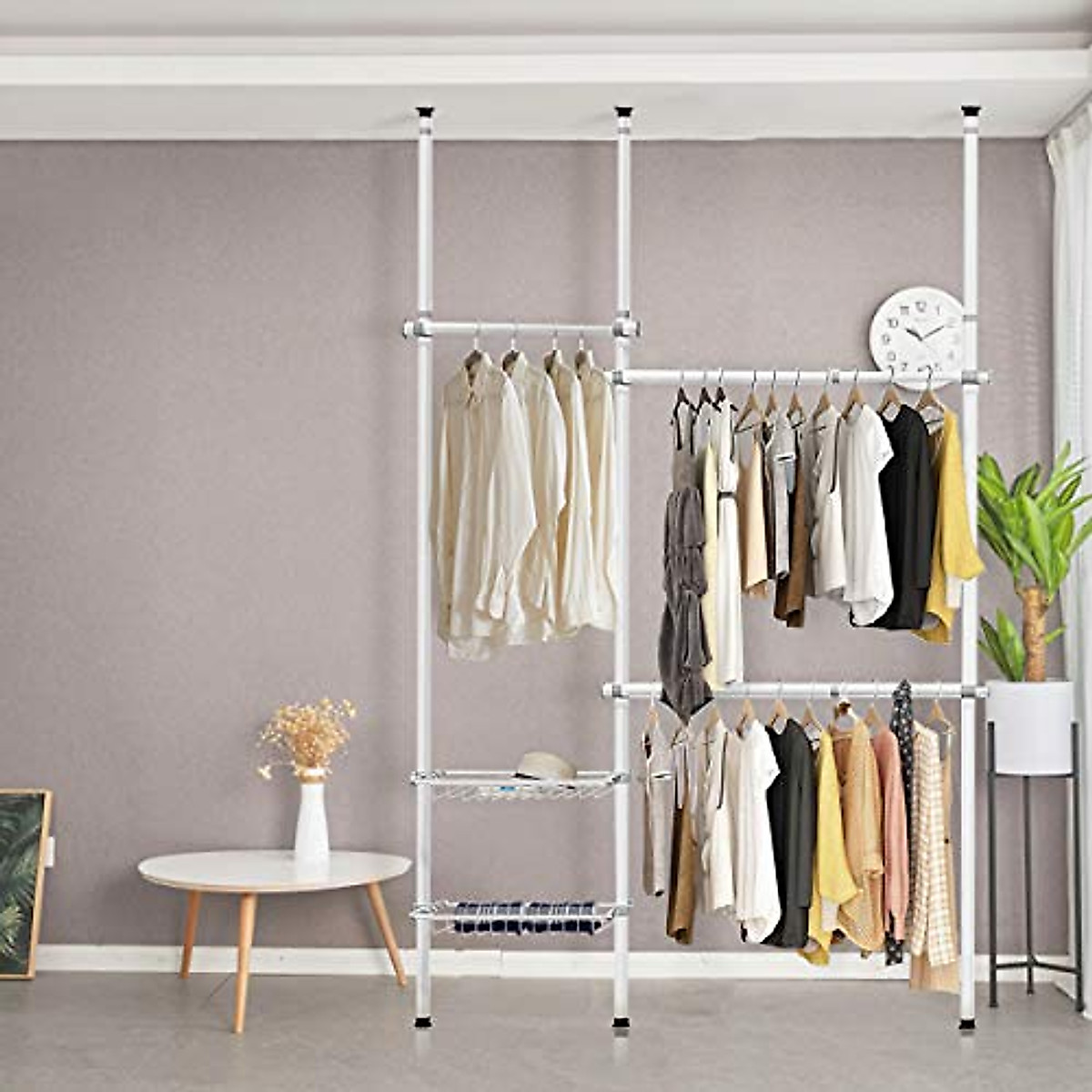 Tangkula Double 2 Tier Adjustable Closet System, Floor to Ceiling Clothes Hanger with 2 Storage Baskets & Inner Spring, Clothing Garment Rack Telescopic Closet Organizer for Living Room, Bedroom