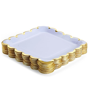 Sparkle and Bash 48 Pack Pastel Purple Paper Plates for Birthday Party Supplies, Scalloped Gold Border, 9 Inches