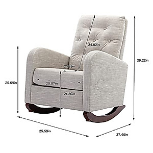 Modern Accent Rocking Chair, Upholstered Nursery Glider Rocker for Baby and Kids, Comfy Armchair with Side Pocket, Living Room Lounge Arm Chair, High Backrest with Decorative Buttons, Light Grey