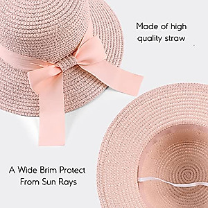 Zsedrut Women,Little Girls Straw Sun Hat Summer Beach Cap Foldable Visor Floppy Hats Wide Brim with Bowknot(Pinkbow,2-4T)