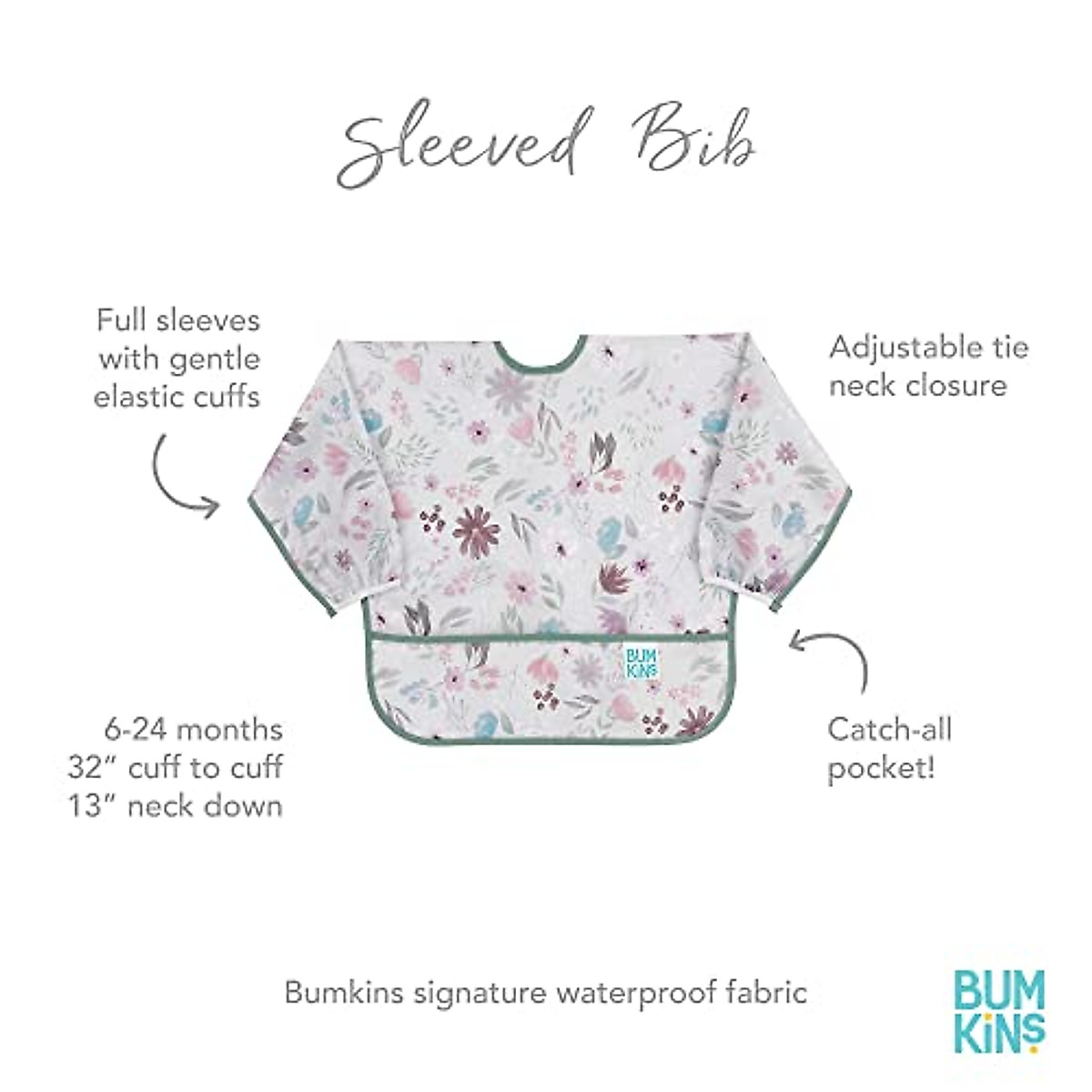 Bumkins Bibs for Girl or Boy, Long Sleeved Bib for Baby and Toddler 6-24 Months, Essential Must Have for Eating, Feeding Set, Splat Mat for Floors Under High Chair, Mess Saving Fabric, Floral Gray