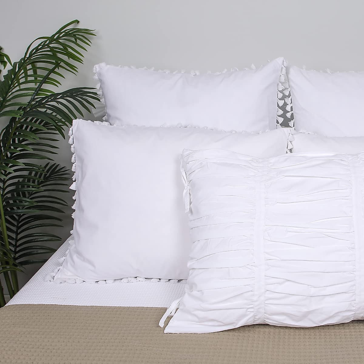 Boho Pillow Shams Set of 2 20x26 White Cotton with Hand-Made Tassel Zipper Closure for Bohemian Countryside Farmhouse Standard Size by JNG Kraftlab