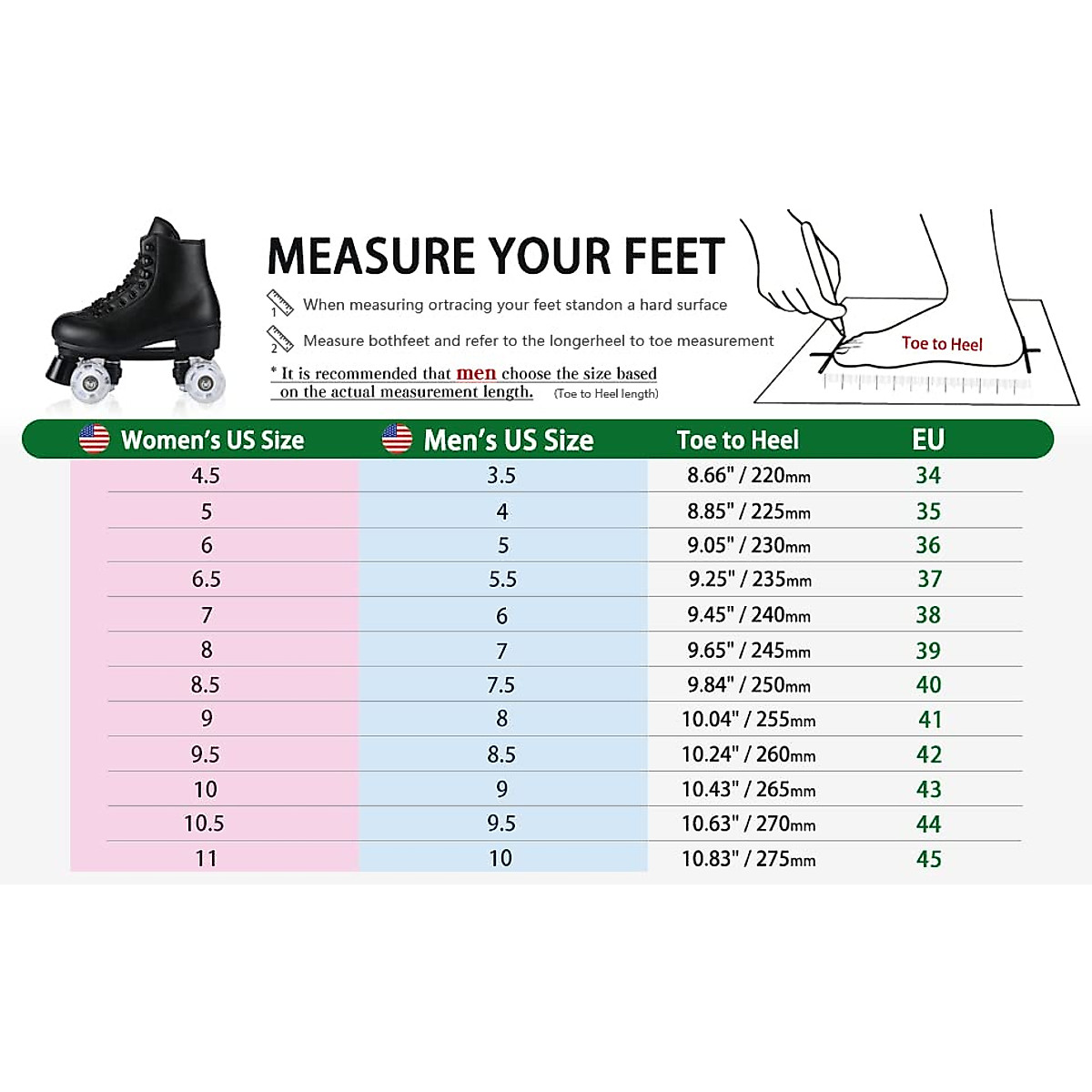 Ugboiu Roller Skates for Men and Women, Black Derby Roller Skates with 4 Shiny Wheel, Classic Double-Row Roller Skates for Indoor and Outdoor