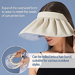 RainFlowwer Visors for Women, Clip On Foldable Wide Brim Womens Golf Cap,Cream White Roll-up Headband Blue Sun Hat with UV Protection