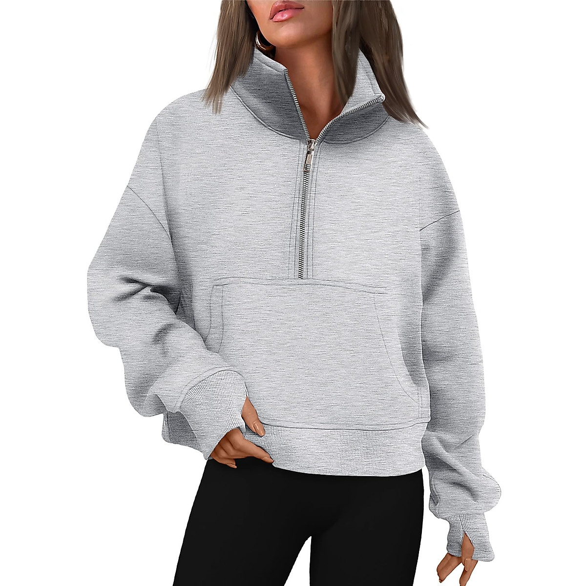 Trendy Queen Womens Half Zip Cropped Pullover Crewneck Sweatshirts Quarter Zipper Hoodies Long Sleeve Clothes Sweaters Fall Outfits 2023 Grey