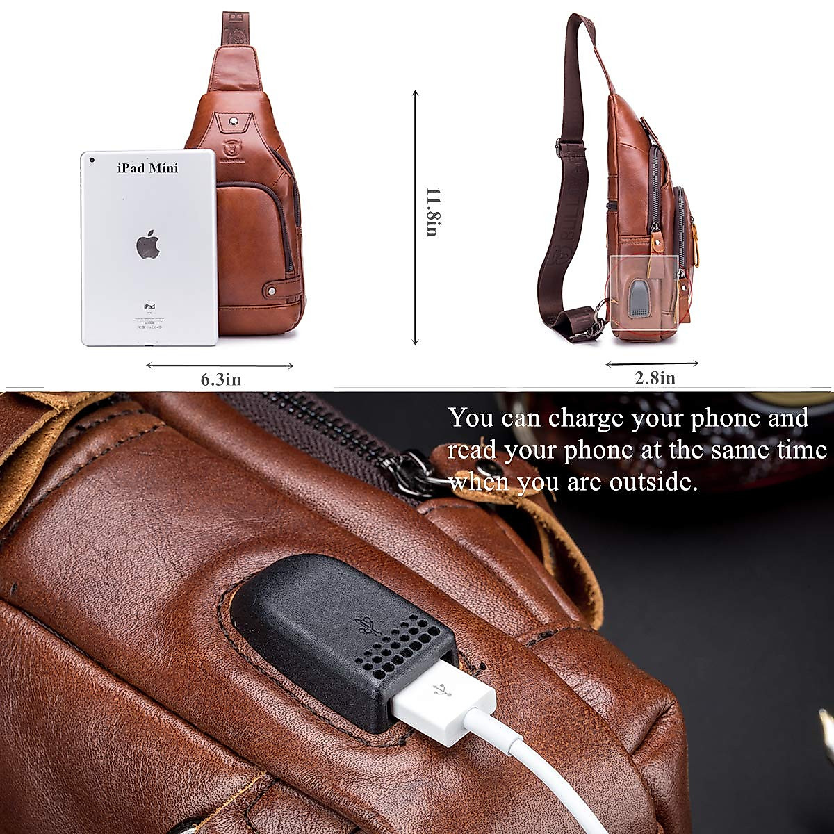 BULLCAPTAIN Sling Bag Crossbody Backpack with USB Charging Port Genuine Leather Hiking Travel Daypack XB-129 (Brown)