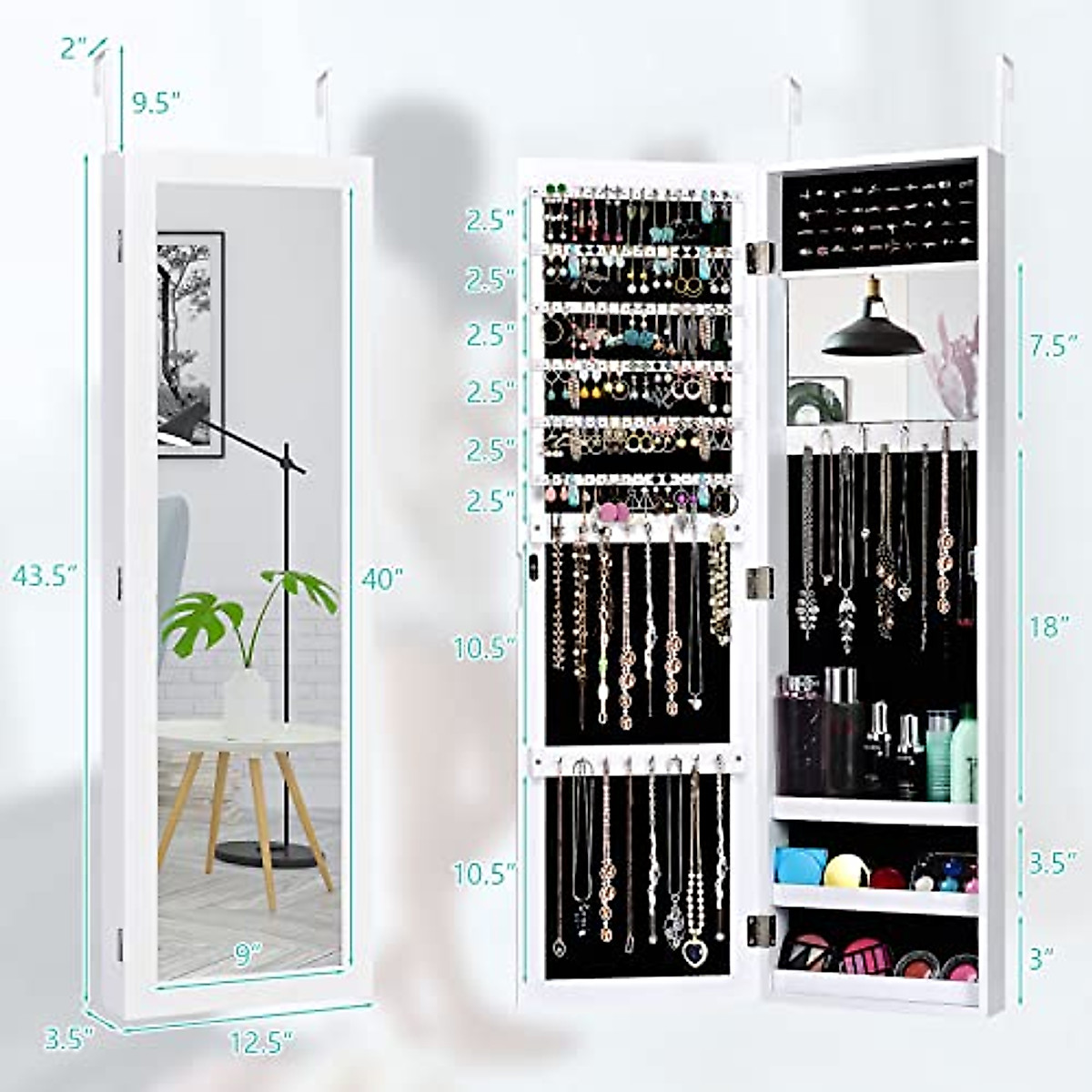 COSTWAY Full Length Mirror Jewelry Cabinet, Wall Door Mounted Jewelry Organizer w/Makeup Mirror, Ring Slots & Necklace Hooks, Large Storage Jewelry Armoire for Bedroom, Dressing Room (White)