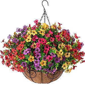 HyeFlora Artificial Faux Hanging Plants Flowers Basket for Summer Outdoor Outside Decoration, Fake Silk UV Sun Resistant Look Real Colorful Daisy Eucalyptus for Porch Home Patio Balcony Yard