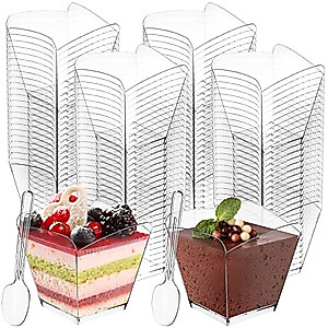 ZENFUN 100 Pack Dessert Cups with Spoons, 3.5 Oz Square Mini Dessert Pudding Cups, Clear Plastic Parfait Appetizer Cups for Mousse Cake, Parties, Wedding, Tasting