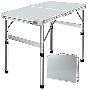 JUOIFIP Folding Camping Table Outdoor, 2 Adjustable Height Portable Folding Camping Table for Camp, Lightweight Aluminum Fold Up Camp Table for Picnic, BBQ, Party, Travel, Home Use. White