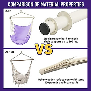 Dekool Hammock Chair Hanging Rope Swing, Detachable Steel Support Bar, Max 330 Lbs, Soft Durable Cotton Canvas, 1 Cushion & Hanging Hardware Included, for Indoor Outdoor, Purple