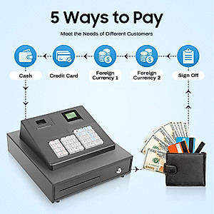 CAIHAOA Cash Register, 8 Digits LED 38 Keys Electronic Cash Register, Automatic Cash Register with 32 Departments, Quick Load Thermal Printer Cash Register 1000 Plus 10 Clerks for Small Business,Black