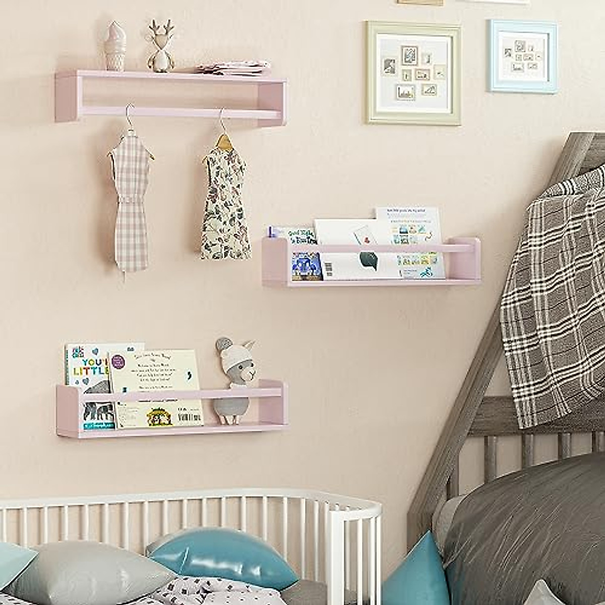 Senjie Nursery Book Shelves,15.7 inch Kids Bookshelf,Wall Book Shelves for Kids Room, Home Decor - Kitchen Spice Rack Set of 3 - Pink