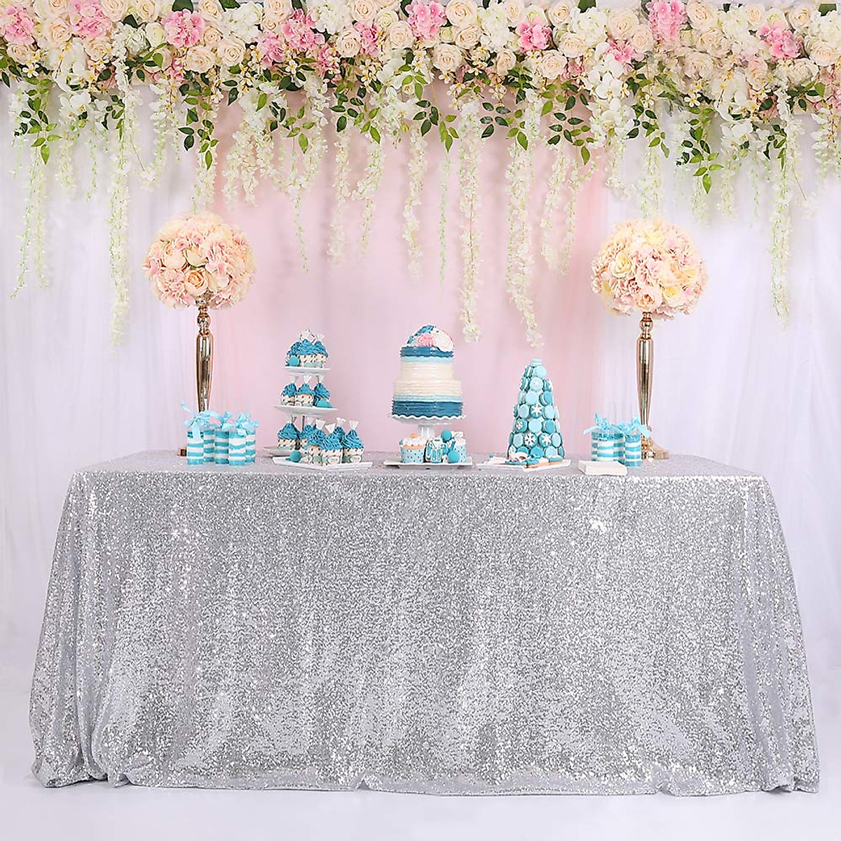 BalsaCircle Sequin Rectangular Silver Sequin Tablecloth 60-Inch by 102-Inch