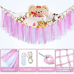 2 Packs Stuffed Animal Net or Hammock with LED Light Plush Toy Hammock Stuffed Animal Storage Holder Hanging Kids Toy Organizers and Storage Net with Tassels for Kids Bedroom Nursery Play Room Decor
