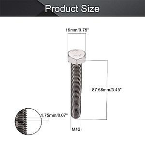 MroMax 5Pcs M12 x 80mm Hex Head Screws Bolts, 304 Stainless Steel 18-8, Fully Threaded, External Hex Drive, for Mounting Chair, Handles, Rail, Pump, Wheels, Antenna Parts, Boat and Plastic Bumpers