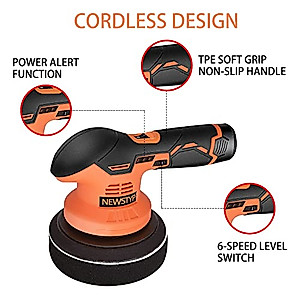 NEWSTYP 6 Inch Cordless Car Buffer Polisher with 2Pcs 12V 2.0Ah Rechargeable Battery, 6 Variable Speed, 5000RPM, Wireless Buffer Polisher Kit for Waxing/Car Detailing/Car Scratch Repairing/Sander